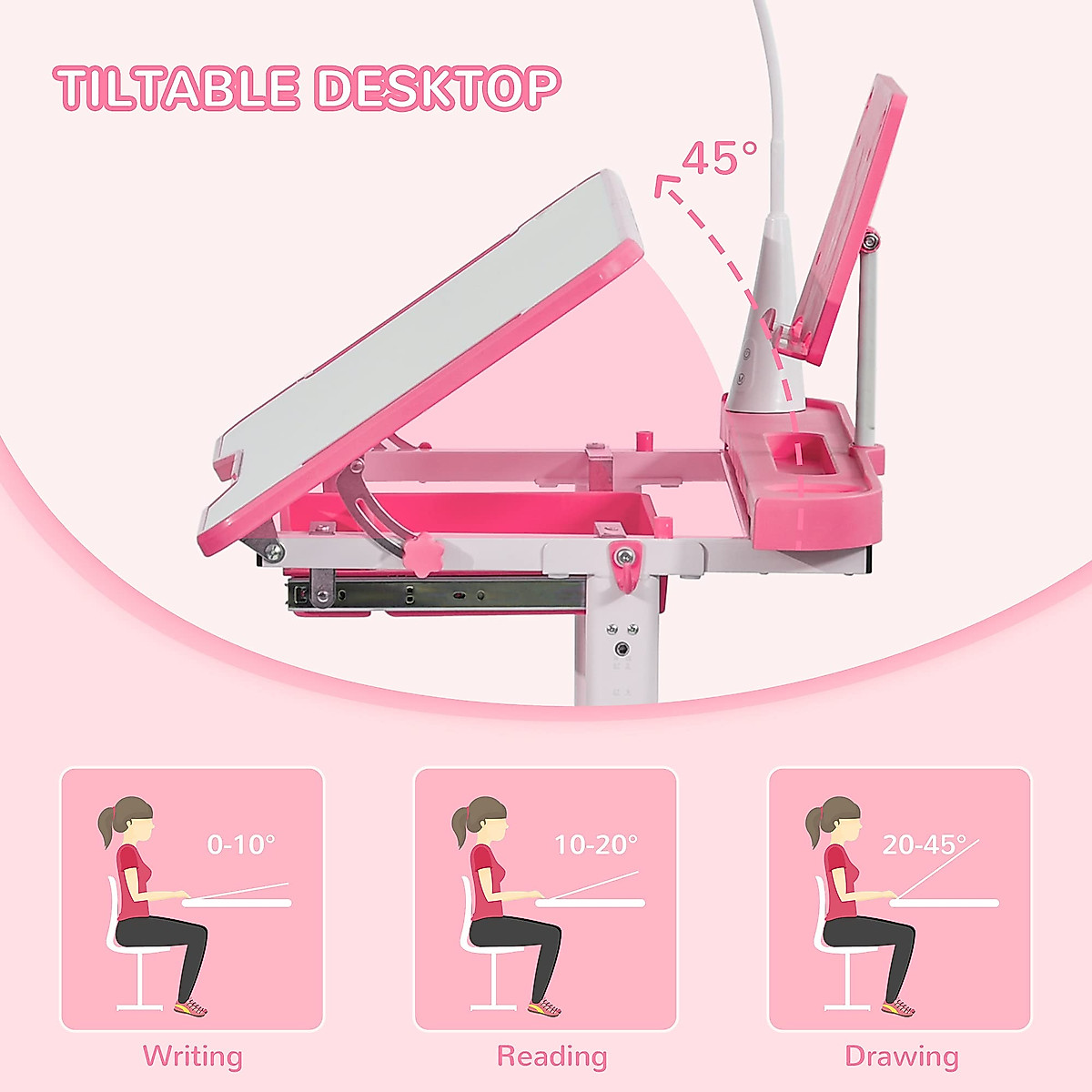 Qaba Kids Desk and Chair Set, Height Adjustable School Study Table and Chair, Student Writing Desk with Tilt Desktop, LED Light, Pen Box, Drawer, Reading Board, Cup Holder, and Pen Slots, Pink