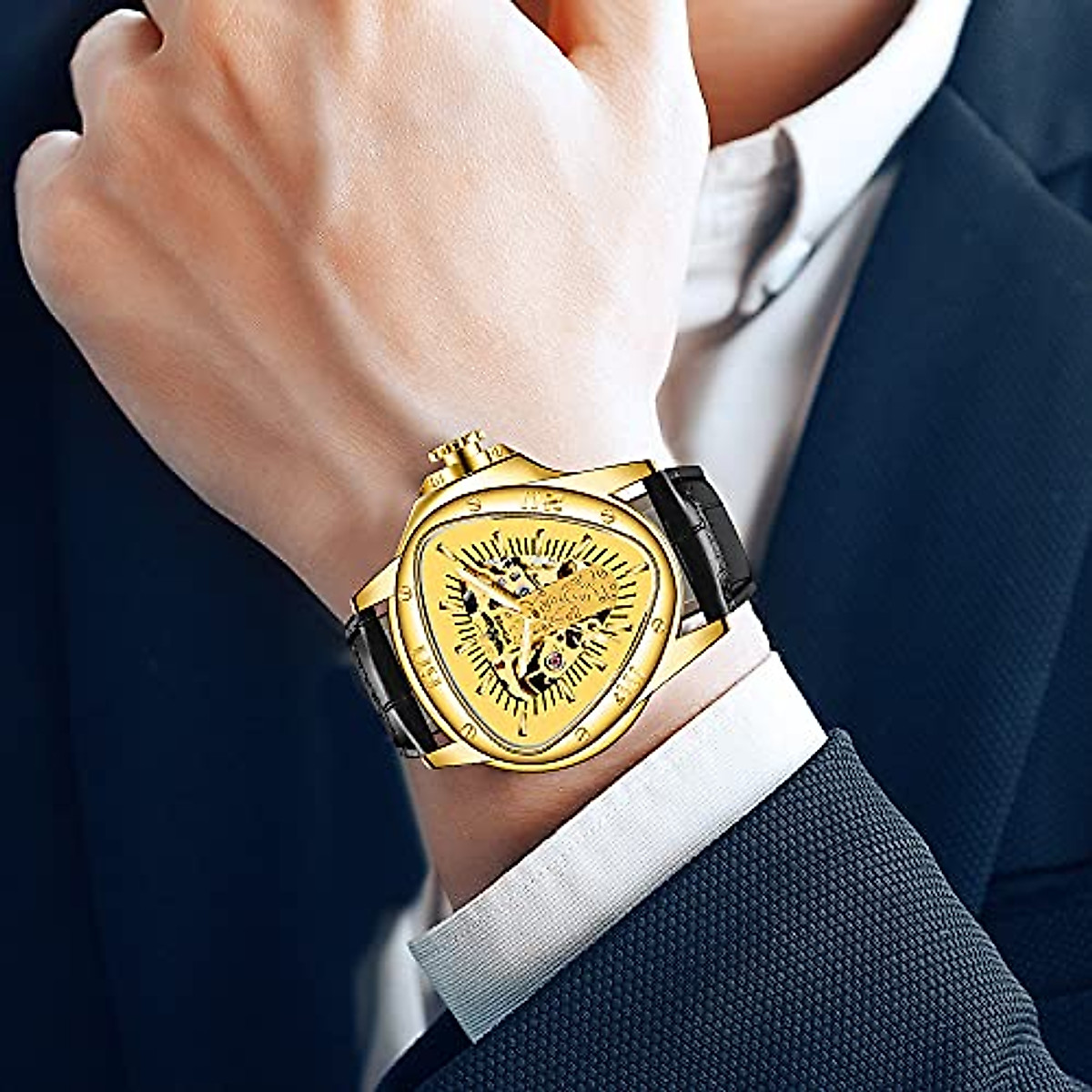 BOSNI Triangle Men Mechanical Wristwatches Luxury Golden Dial Automatic Watch Men Skeleton Wrist Watches