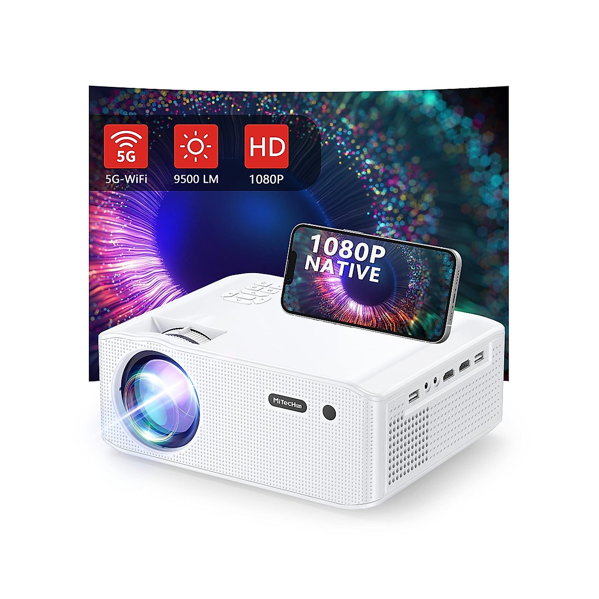 Projector 4K with WiFi and Bluetooth Supported, MiTecHPro 450 ANSI Portable Movie Projector, with Zoom Function and Timer Shutdown, FHD 1080P Outdoor Projector for HDMI/USB/Laptop/iOS & Android Phone
