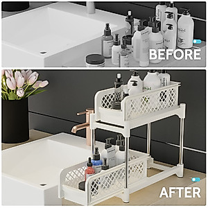 Under Sink Organizers and Storage,2 Tier Pull Out Bathroom Sink Organizer, Sliding Cabinet Basket Organizer with 4 Hooks,2 Hanging Cups, Under Sink Storage for Bathroom, Kitchen, Cleaning Supplies.