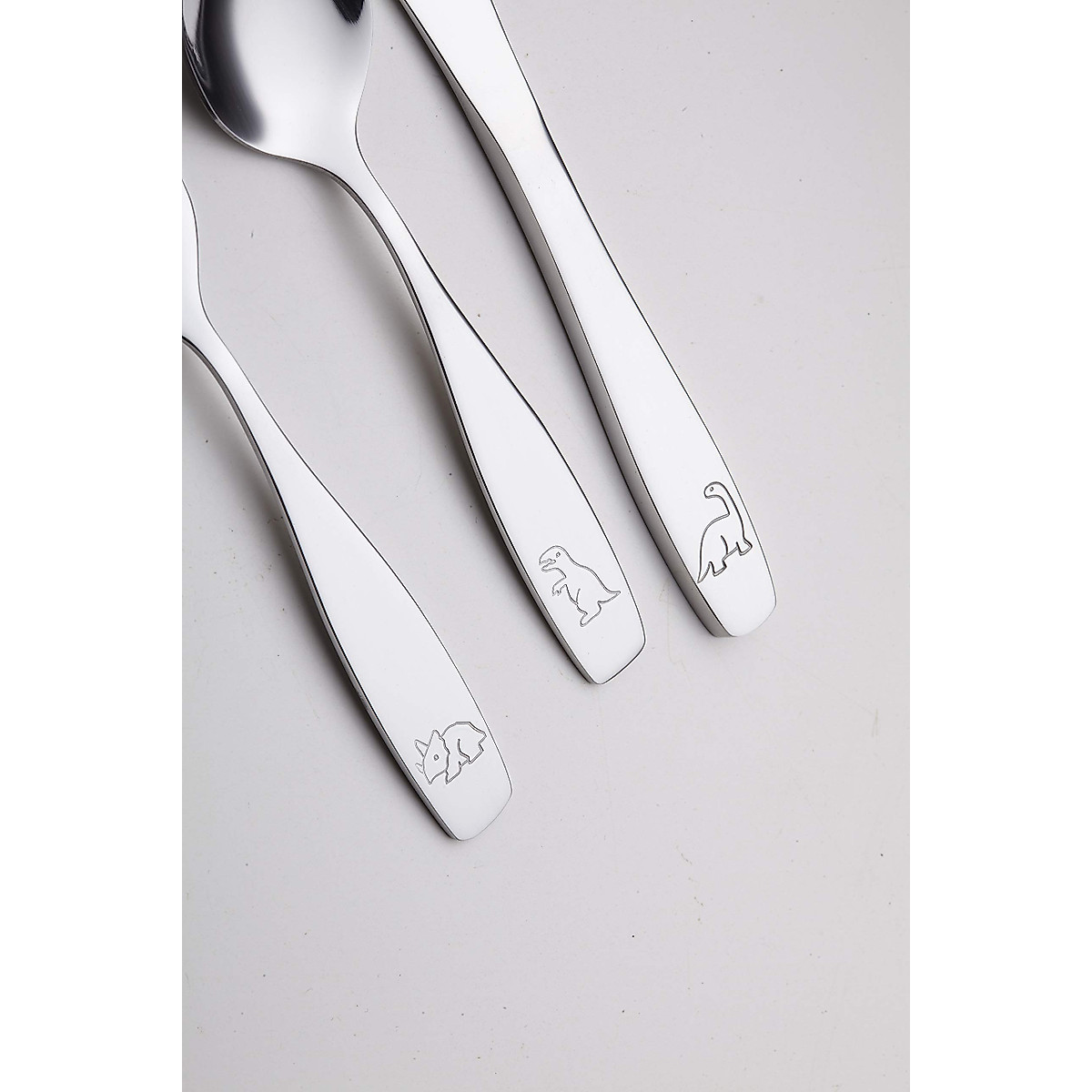 Exzact Kids Flatware 6 Pieces Set - Stainless Steel Silverware 2 x Forks, 2 x Safe Table Knife, 2 x Tablespoons - Child Toddler Utensils - Dinosaurs Engraved