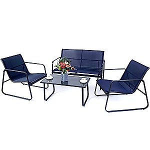 Kozyard Sofia 4 Pieces Patio/Outdoor Conversation Set with Strong Powder Coated Metal Frame, Breathable Textilence, Includes One Love Seat, Two Chairs and One Table (Navy Blue)