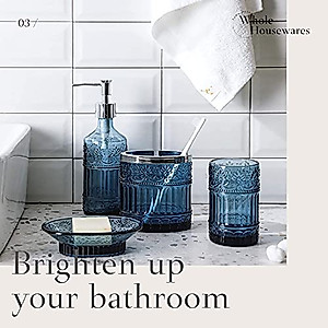 WHOLE HOUSEWARES | Premium Bathroom Accessory Set | 4-Piece Decorative Blue Glass Bathroom Decor Accessories Set | Soap Dispenser, Tray, Jar, Toothbrush Holder | Elegant Mosaic Glass (Blue)