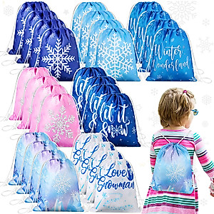 CHENGU Frozen Party Favors Bags for Winter Snowflake Kids Birthday Favor Drawstring Goodies Bags Winter Wonderland Gift Candy Bag for Boys Girls Winter Themed Baby Shower Party Supplies (28 Pack)