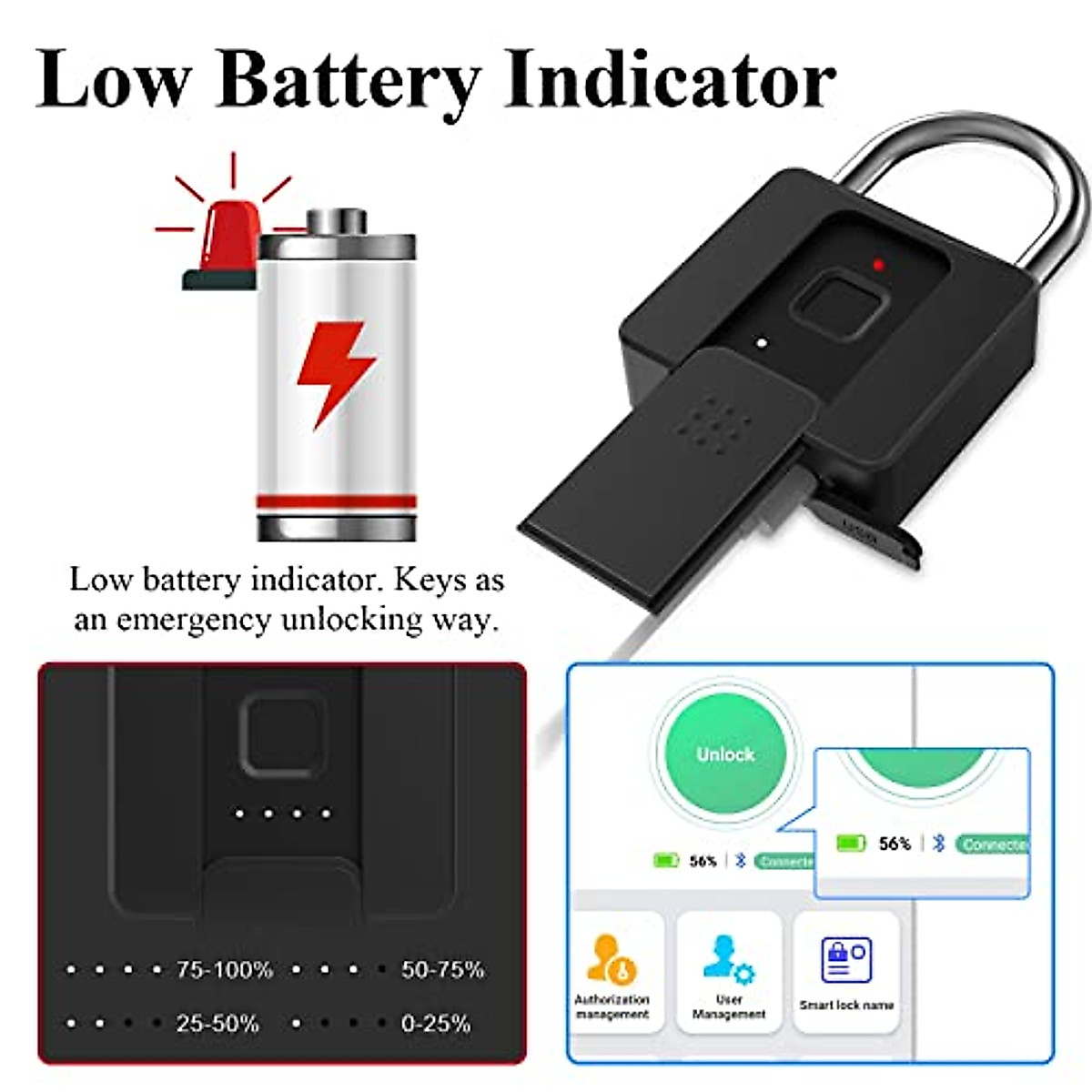 Fingerprint Padlock with Key Backup, Dhiedas Pad Lock with Fingerprint Bluetooth Key Waterproof Heavy Duty Combination Lock for Outdoor Fence Gate Shed Warehouse Gym Storage Yard