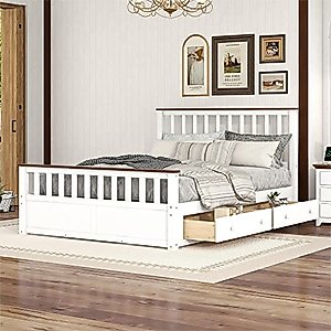 Harper & Bright Designs Queen Bed with 2 Storage Drawers, Solid Wood Queen Size Platform Bed with Headboard and Footboard, Queen Storage Bed Frame for Teens, Adults,White+Walnut