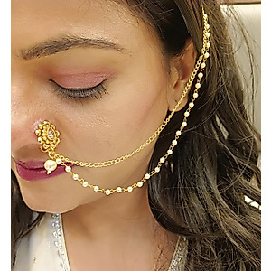 Efulgenz Indian Jewelry Kundan Crystal Nose Ring Hoop Pin Stud Fake Septum Ring with Chain Nose to Ear Chain Non Piercing Body Jewelry (White)