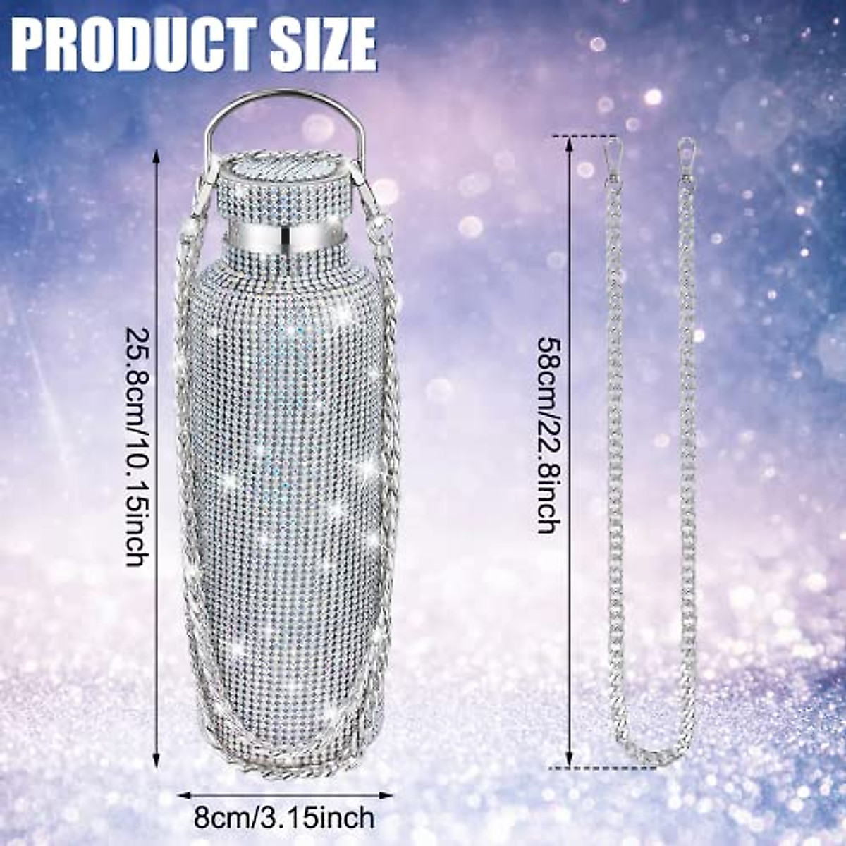 Diamond Water Bottle Bling Rhinestone Stainless Steel Thermal Bottle Refillable Water Bottle Insulated Water Bottle Glitter Water Bottle with Chain for Women Girls Gifts (AB Diamond, 750 ml)