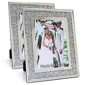 SW SAINT WINO 8x10 Picture Frame Set, Wedding Picture Frame and Family Pictures Ideal for Gifts, Crystal Silver Glass Photo Frame, Crushed Diamonds 2 Piece Pack for Tabletop Display.