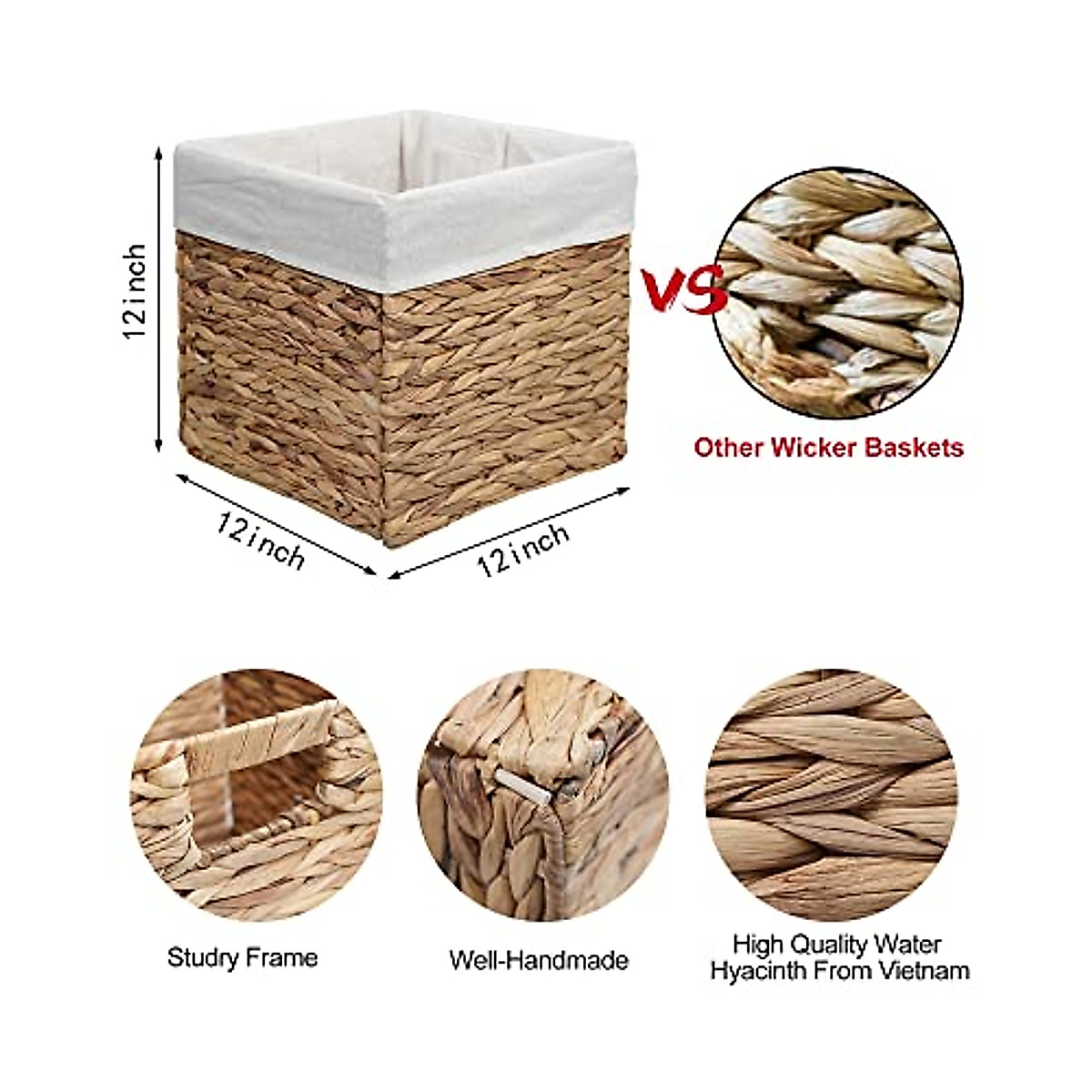 Tegance Water Hyacinth Wicker Storage Baskets, Hand-Woven Cube Storage Baskets with Linings for Shelves,Living Room, Bathroom, Bedroom, 12x12x12 inches, 2 Pack