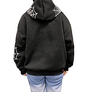 Megecaggfy Womens Men Y2k Full Zip Up Hoodie Vintage Graphic Oversized Sweatshirt Fashion Jacket Streetwear (Black 2, L)