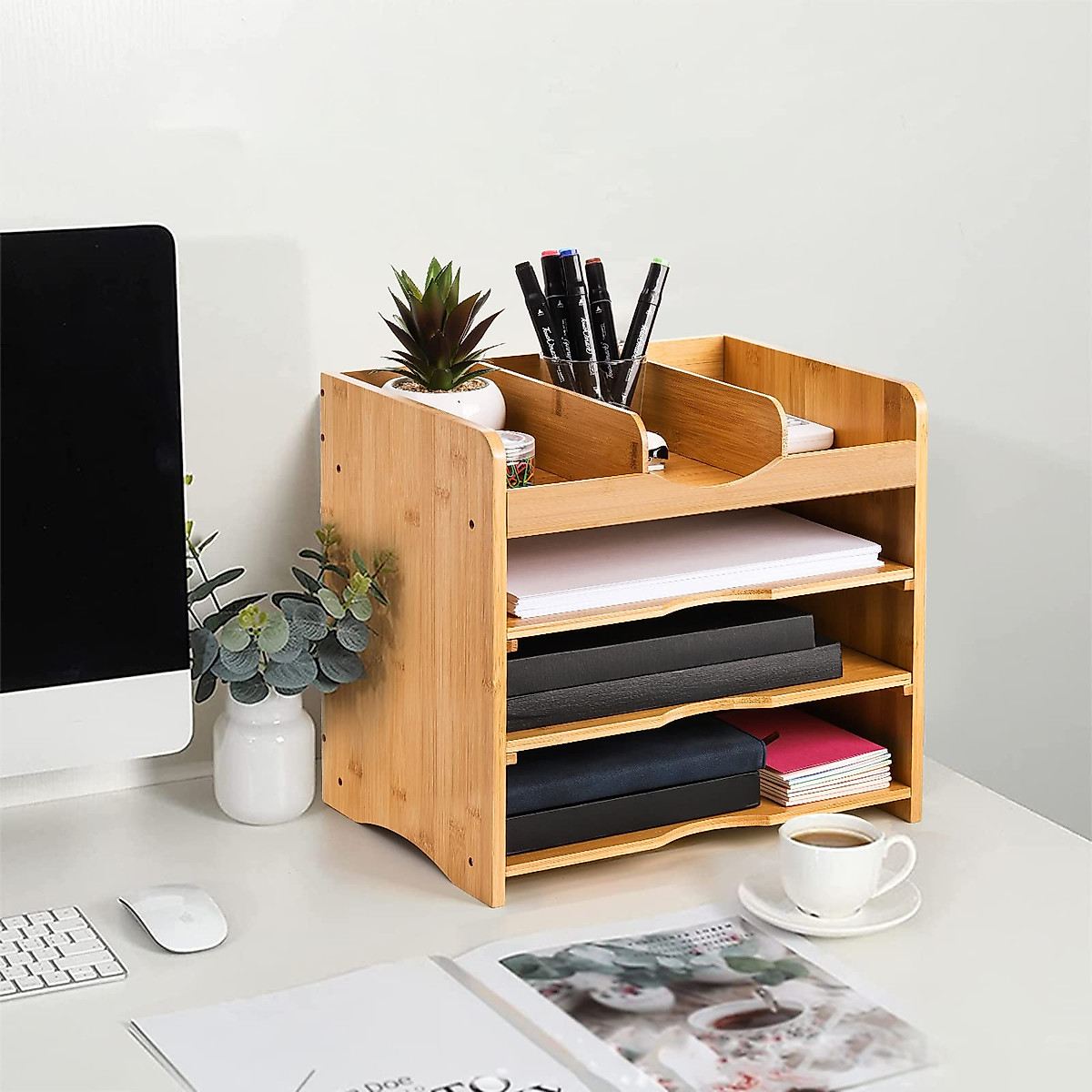 DEAYOU Bamboo Desk File Organizer, 13" Document Letter Tray Sorter with 2 Adjustable Shelves, 4 Tier Mail Organizer Countertop, Paper Storage Holder Box Cubby for Magazine, Office, Home, School