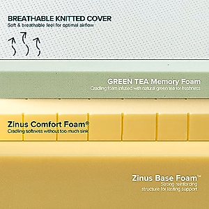 ZINUS 8 Inch Green Tea Memory Foam Mattress, Twin, Fiberglass Free, Patented Custom Contour Support, Sturdy Base Foam, CertiPUR-US Certified, Mattress in A Box, White