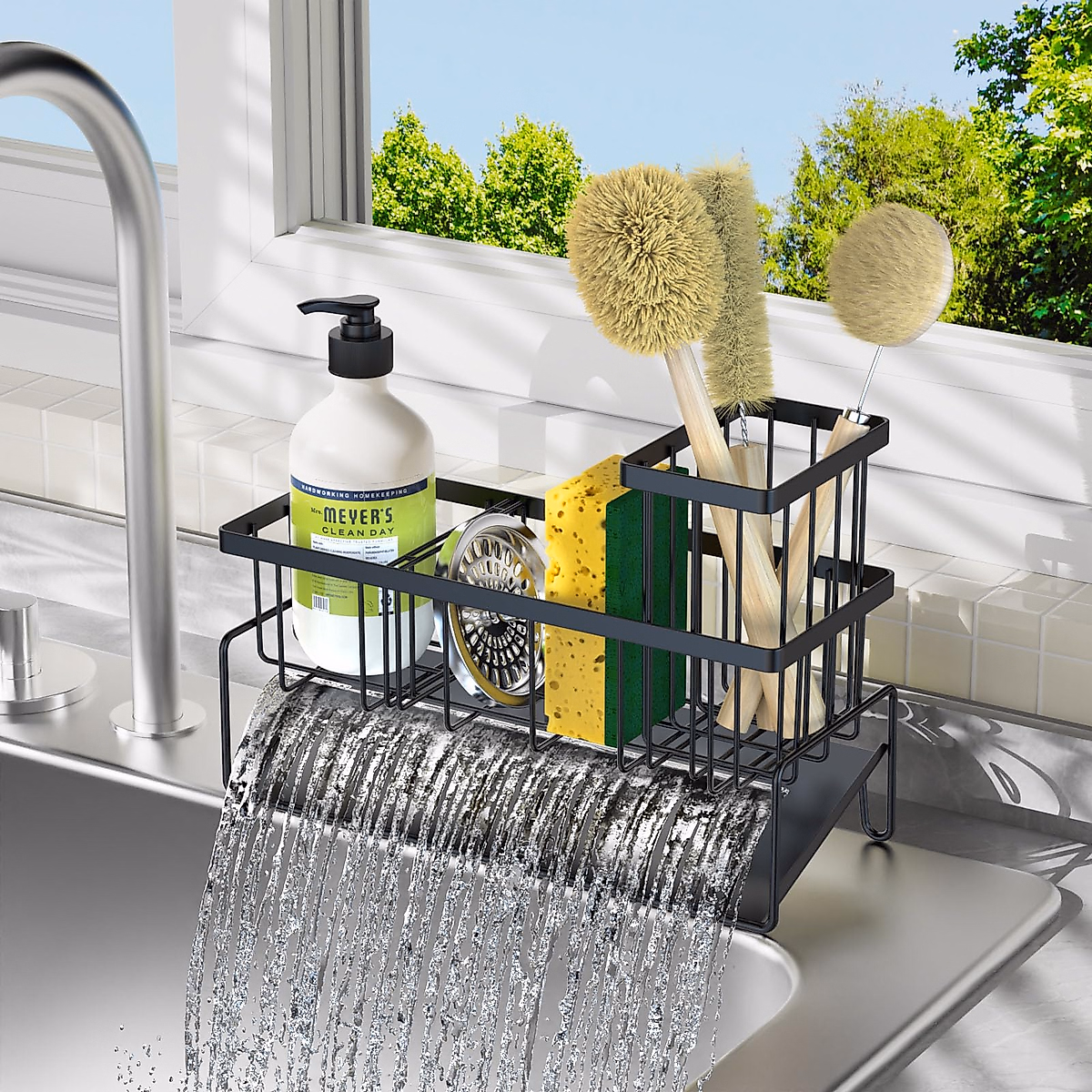 Juseisin Kitchen Sink Caddy Organizer, Upgrade Faucet Sponge Rack for Sinks, Bottle Brush Holder and Organizers Storage with Dish Soap, Auto Draining Tray, Rustproof Adjustable Organizadores