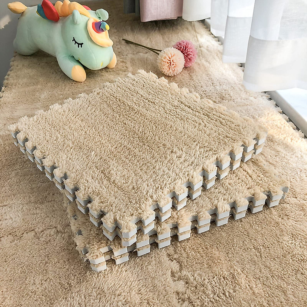 easycustomerlee 12pcs Interlocking Carpet Shaggy Soft EVA Foam Mats Fluffy Rugs Protective Floor Tiles Exercise Play Mats for Children Kids Room Home Parlor Bedroom(Khaki)