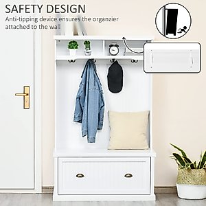 HOMCOM Entryway Bench with Coat Rack, 4 Double Hooks and 2 Compartments, Hall Tree with Bench and Shoe Storage for Hallway, Living Room, Black