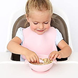 PrimaStella Unbreakable Silicone Non-Slip Bowl and Chew Spoon Set for Babies and Toddlers (Pink)