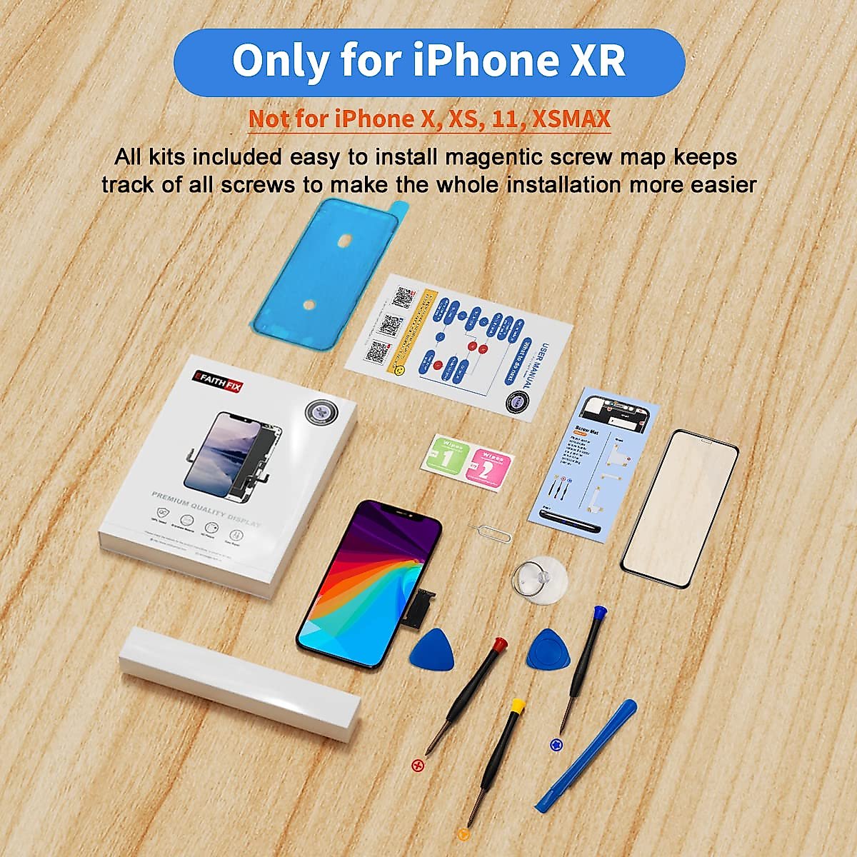 EFAITHFIX for iPhone XR LCD Screen Replacement 6.1 Inch Frame Assembly Display and 3D Touch Screen Digitizer with Repair Tools Kit for A1984/A2105/A2106/A2108 with Waterproof Adhesive Tempered Glass