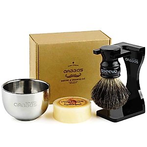 Shaving Set, 4in1 Anbbas Pure Black Badger Shaving Brush with Long Resin Handle and Acrylic Thicken Shaving Stand,Soap Bowl Stainless Steel and Goat Milk Shaving Soap 100g Men Gift Kit