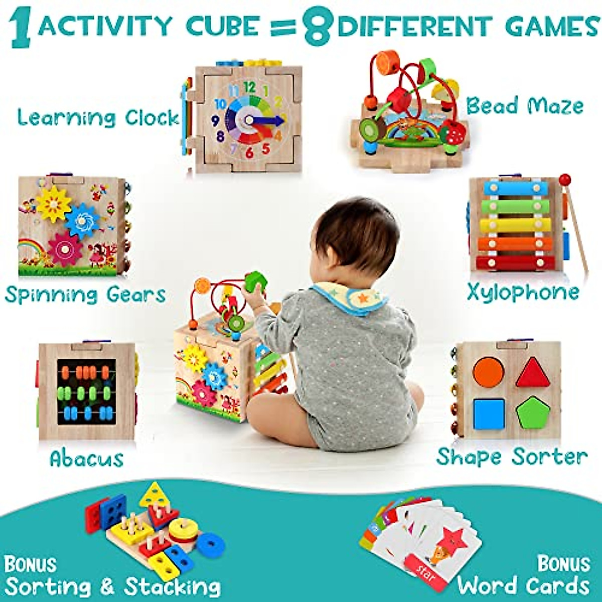 HELLOWOOD Wooden Activity Cube, 8-in-1 Montessori Toys Gift Set for 12+ Months Boys & Girls, Educational Learning Toys for Toddlers Age 1-2, One Year Old Baby Birthday Gifts, Bonus Sort & Stack Board
