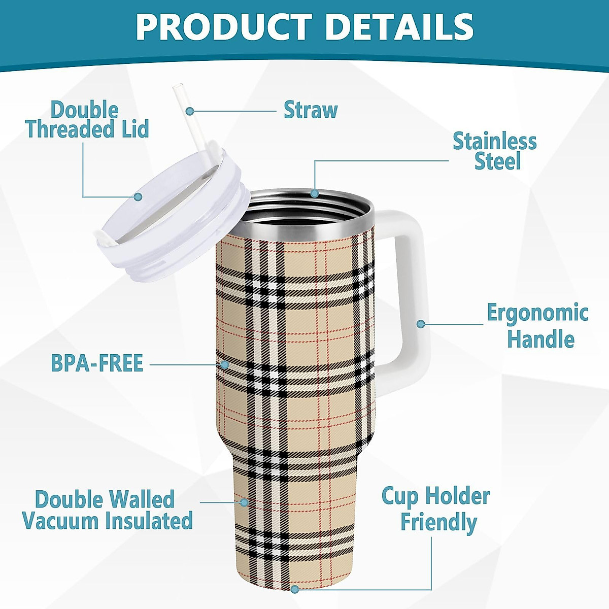 Tartan Plaid Khaki Black 40 oz Tumbler with Handle and Straw Lid, Insulated Coffee Cup Reusable Stainless Steel Water Bottle Travel Mug Cupholder Friendly,Gifts for Women Men
