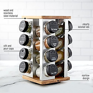 Kamenstein 16 Jar Warner Revolving Countertop Spice Rack Organizer with Lift & Pour Caps and Spices Included, FREE Spice Refills for 5 years, Stainless Steel & Bamboo with Black Caps