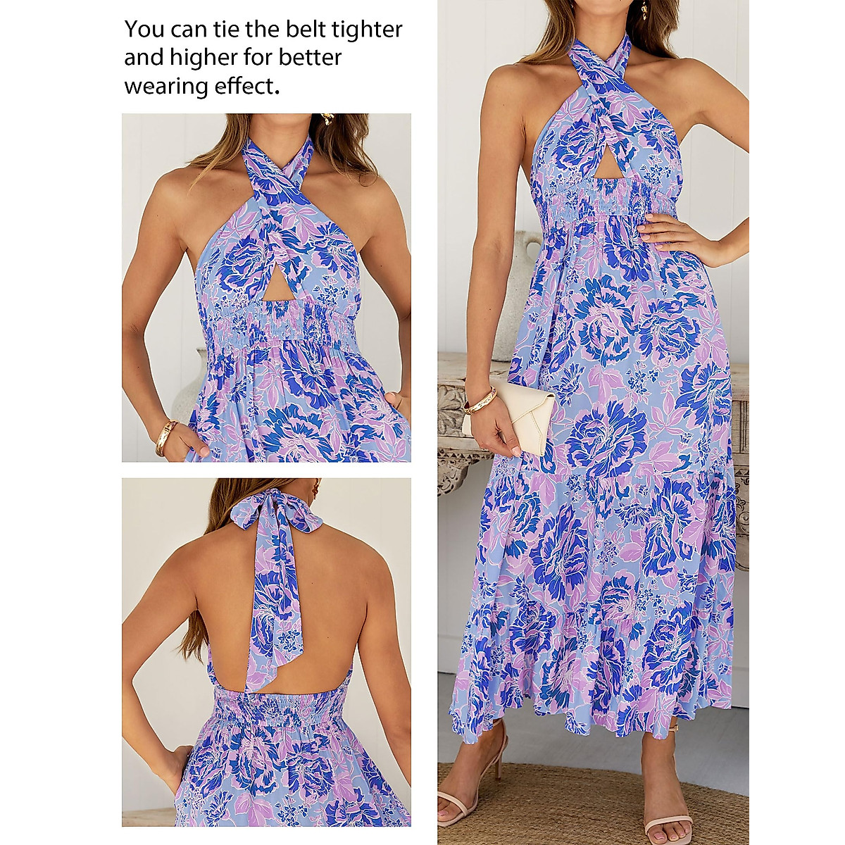 ZESICA Women's 2025 Summer Crossover Halter Neck Sleeveless Plaid Cut Out Backless Flowy A Line Maxi Dress,BluishViolet,Small