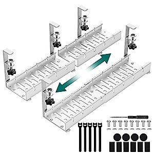 Under Desk Cable Management Tray,Retractable Cord Organizer for Desk,No Drill Cable Management for Glass Desk，Sturdy Metal Cable Management Under Desk with Clamp for Home Office
