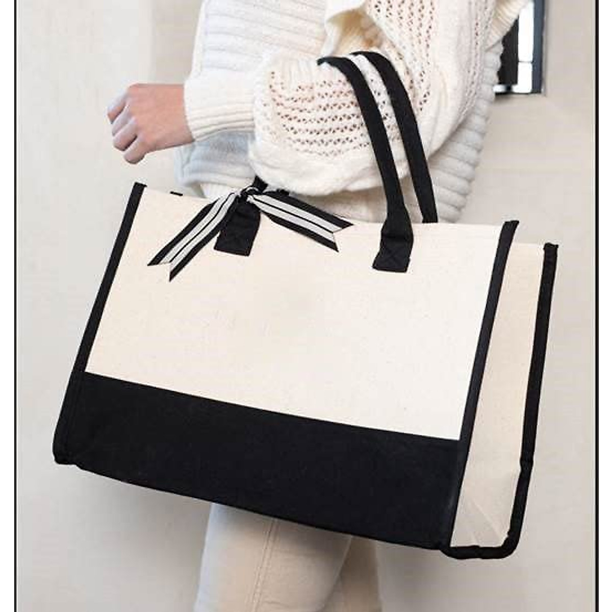 Mud Pie Classic Black and White Canvas Tote Bag, BLANK, 17" x 19" x 2"