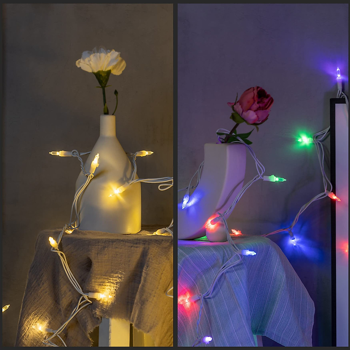 YULETIME 66 Feet 200 Count Color Changing LED String Lights with 10 Modes Remote Control, Warm White/Multicolor Variable Color Christmas Lights (White Wire)