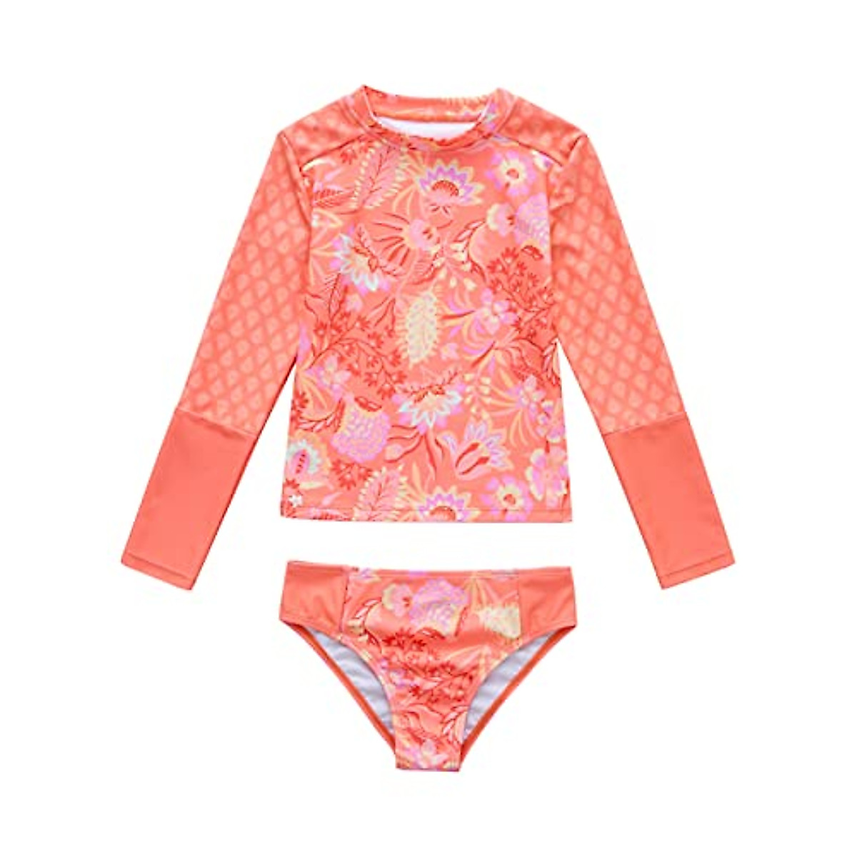 BIKINX Girls Rash Guard 7-8t 2 Piece Swimsuit Set Long Sleeve Floral Print Bikini with UPF 50+ Sun Protection Tankini Orange Flowers