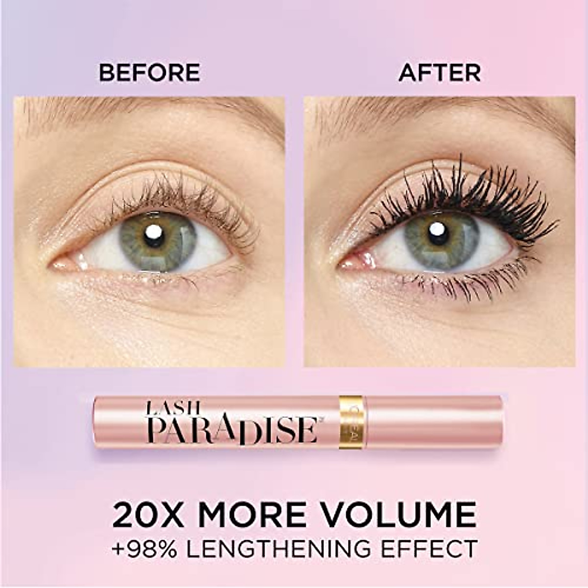 L'Oreal Paris Voluminous Makeup Lash Paradise Mascara, Voluptuous Volume, Intense Length, Feathery Soft Full Lashes, No Flaking, No Smudging, No Clumping, Blackest Black, 0.25 Fl Oz (Pack of 2)