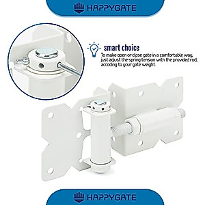 Heavy Duty Self Closing Gate Hinges Hardware Kit for Wooden Vinyl Fence 90 Degree Adjustable Gate Hinges Hardware Kit for Metal Gates with 22 Durable Screws and Swing Adjuster Tool, 2 Pack, White