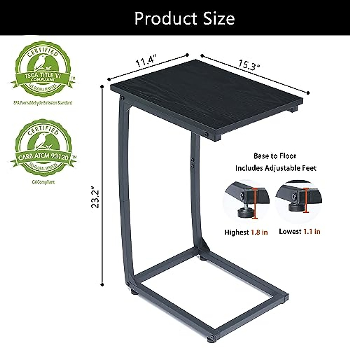 LAKEMID C Shaped End Table Side Table of 2, Small Sofa Table with Metal Frame for Living Room Bedroom Small Spaces (Black)
