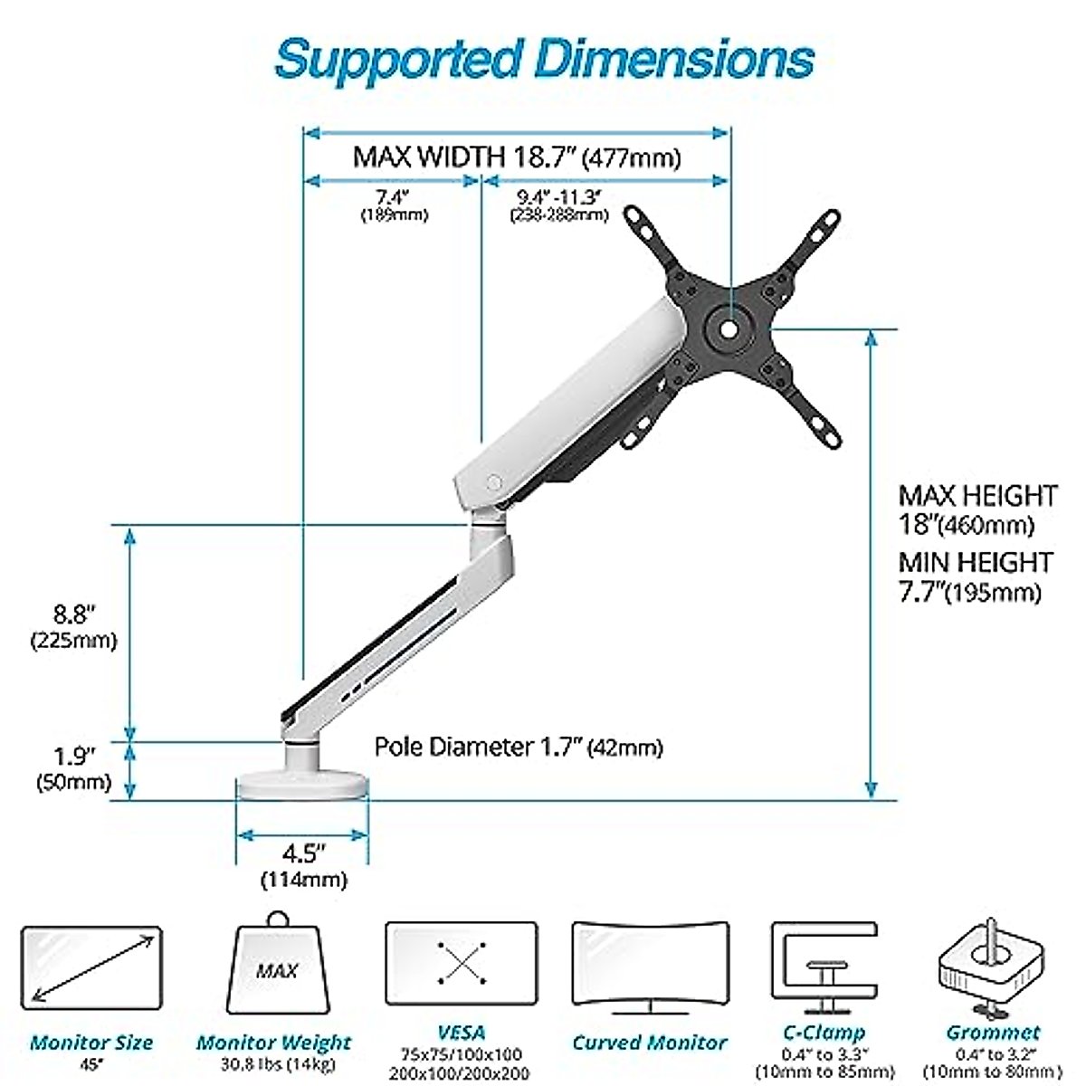 AVLT Single 27”-45” RGB Gaming Monitor Arm Desk Mount Built-in 20 Lighting Modes Touch Button Control Fits Flat/Curved/Ultrawide Monitor Height Swivel Tilt Rotation Adjustable Monitor Stand -White