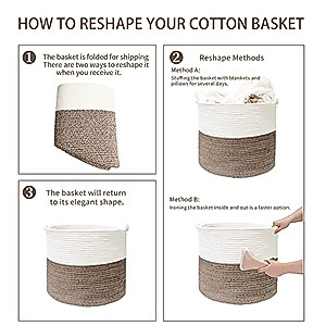 NamRamo Blanket Basket Living Room 15.8" x 15.8" x 13.8", Large Basket Baby Toy Basket, Cotton Rope Laundry Basket with Handle, Rope Basket, Woven Storage Basket, White & Brown Hamper