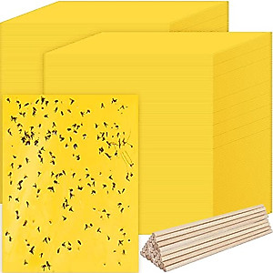 300 Sheets Fruit Fly Trap Yellow Sticky Gnat Traps Double Sided Gnat Traps Fruit Fly Killer with 300 Pcs Twist Ties 100 Pcs Wooden Sticks for House Indoor Outdoor Plants