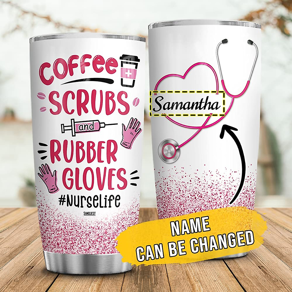 Wassmin Personalized Coffee Scrubs Rubber Gloves Nurse Life Stethoscope Tumbler Cup With Lid Vacuum Insulated Travel Mug 20oz 30oz Birthday Christmas Week Appreciation Gift Nurses Nursing (Pink 2)