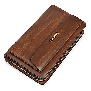 Balidiya Men Clutch Purse Bag Leather Wallet Card Holder Business 2 Zipper Brown
