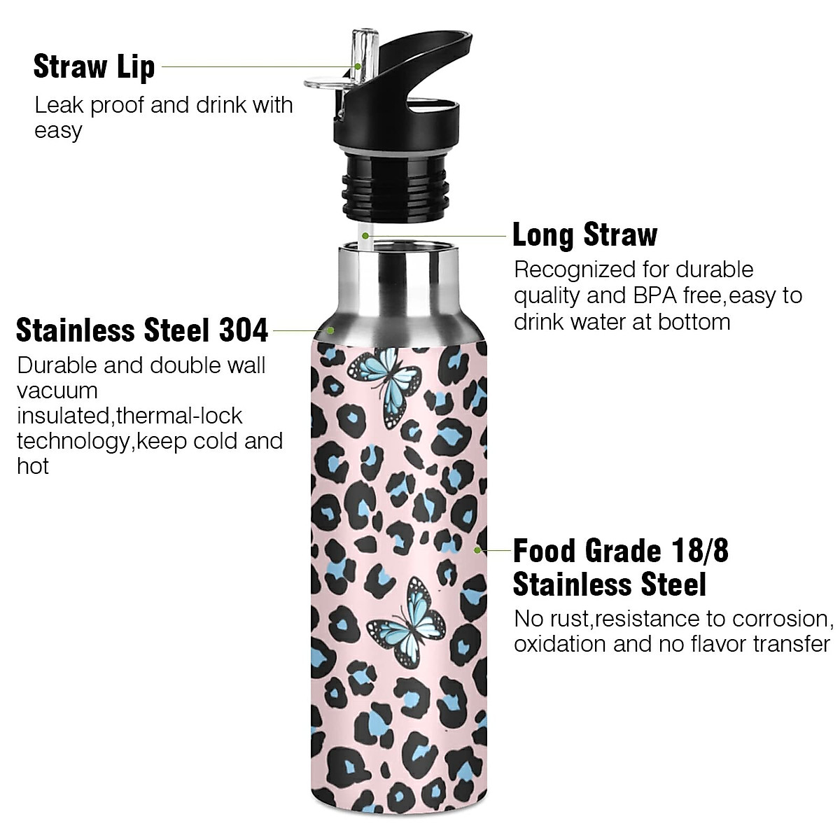 senya Water Bottle 0014 Stainless Steel with Straw Lid Kids Thermos Bottle Water Flask Butterfly Leopard Cheetah Print for Sport Office Gym Outdoor School 20 oz