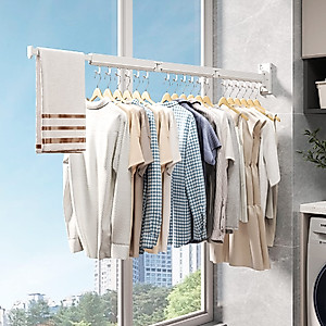 CHAHUANV Clothes Drying Rack,Laundry Drying Rack, Drying Rack Wall Mount,Wall Mounted Clothes Rack,Drying Rack Clothing,Retractable Laundry Rack for Hanging Clothes,Collapsible,Foldable,White-Hooks