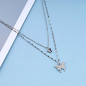 Erimberate Bohemian Butterfly Pendant Necklace Choker Silver Crystal Choker Necklace Layered Lace Chain Necklace Insect Chain Necklace Jewelry for Women and Girls