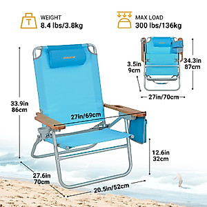 #WEJOY Oversized Beach Chair, 5 Adjustable Reclining Folding Backpack Beach Chairs for Adult, High Back Seat Chair with Bottle Opener,Handle Strap,Phone&Cup Holder for Camping Sand,300 Lbs