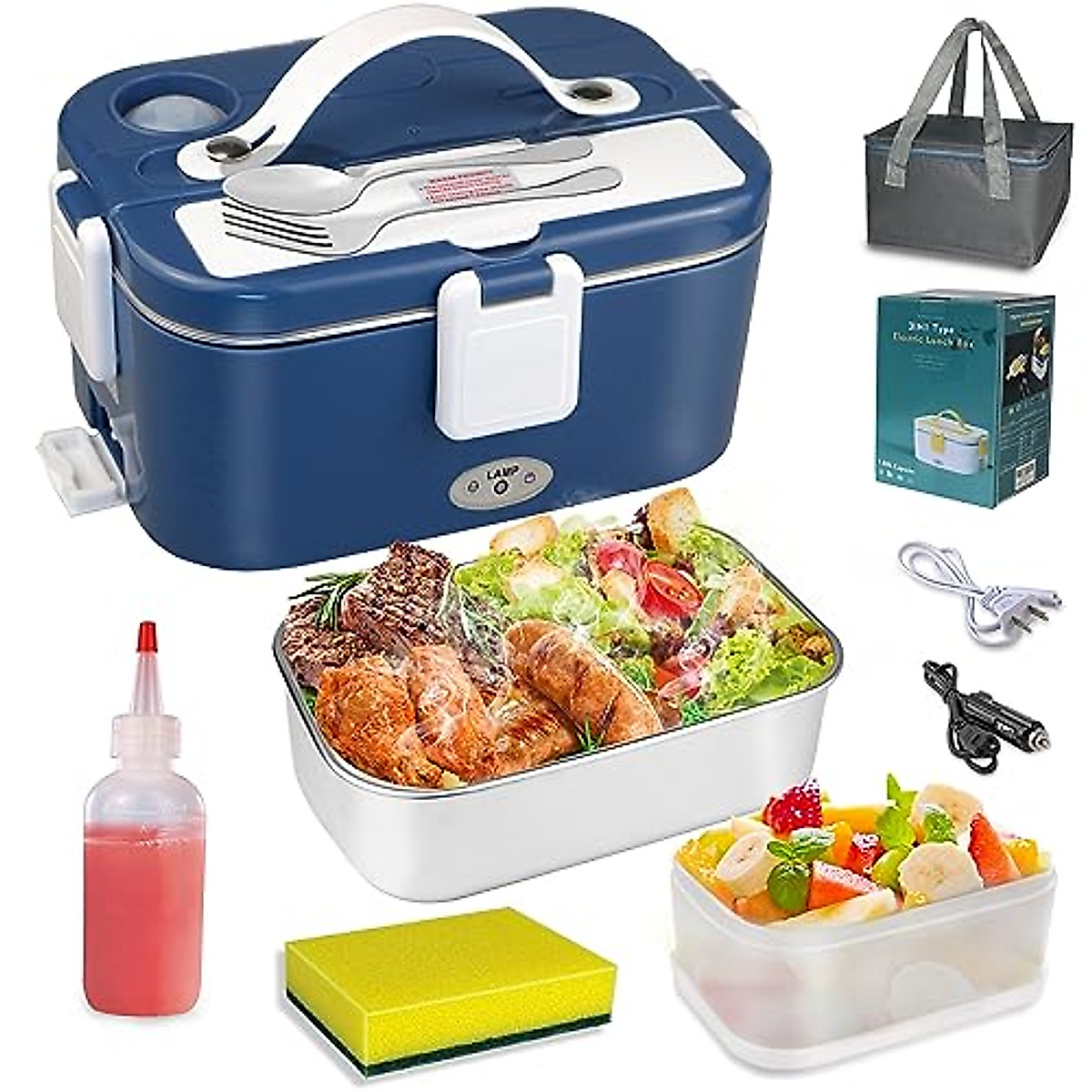AosFero Electric Lunch Box Food Heater,80W 1.8L Large Portable Heated Lunch Boxes for Adults,12v/24v/110v Suitable for Car Truck & Office(Blue,Upgraded)