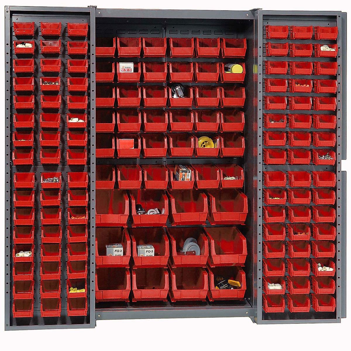 Global Industrial Bin Cabinet with 144 Red Bins, 38x24x72, Assembled