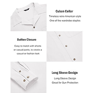 COOFANDY Men Cotton Linen Shirts Long Sleeve Cuban Collar Shirt Beach Resort Shirts White