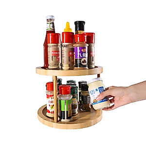 YCOCO Bamboo Lazy Susan Spice Rack Organizer for Cabinet,2 Tier Rotating Spice Rack,Lazy Susan Turntable Tiered Rotating Kitchen Spice Carousel for Cabinets,Pantry,Bathroom Display Stand