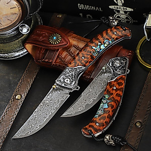 ALVELY Handmade Folding Pocket Knife, 3.6in Straight Alloy Steel Blade, Snake Lines Wood Handle, Liner Lock, with Leather Sheath, EDC Unisex Adult Knife