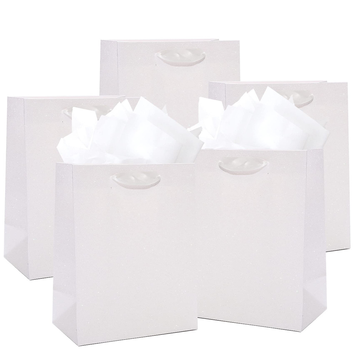 PAPER FAIR 12Pcs Embossed Crystal White Glitter Gift Bags with 24 Tissue Paper Bulk, M 9x7 Inch, Christmas Valentines Day Gift Wrap Bag, Wedding Bridal Shower Favor Bag Gift Packaging, Holiday