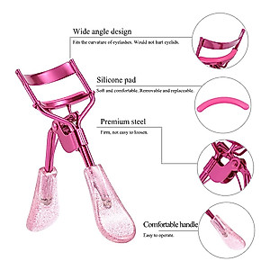 Uranian Eyelash Curlers Pink Lash Curler with 2 Silicone Refill Pads Glitter Handle Eye Lashes Curler Eyelashes Tool for Women and Girls (Pink)